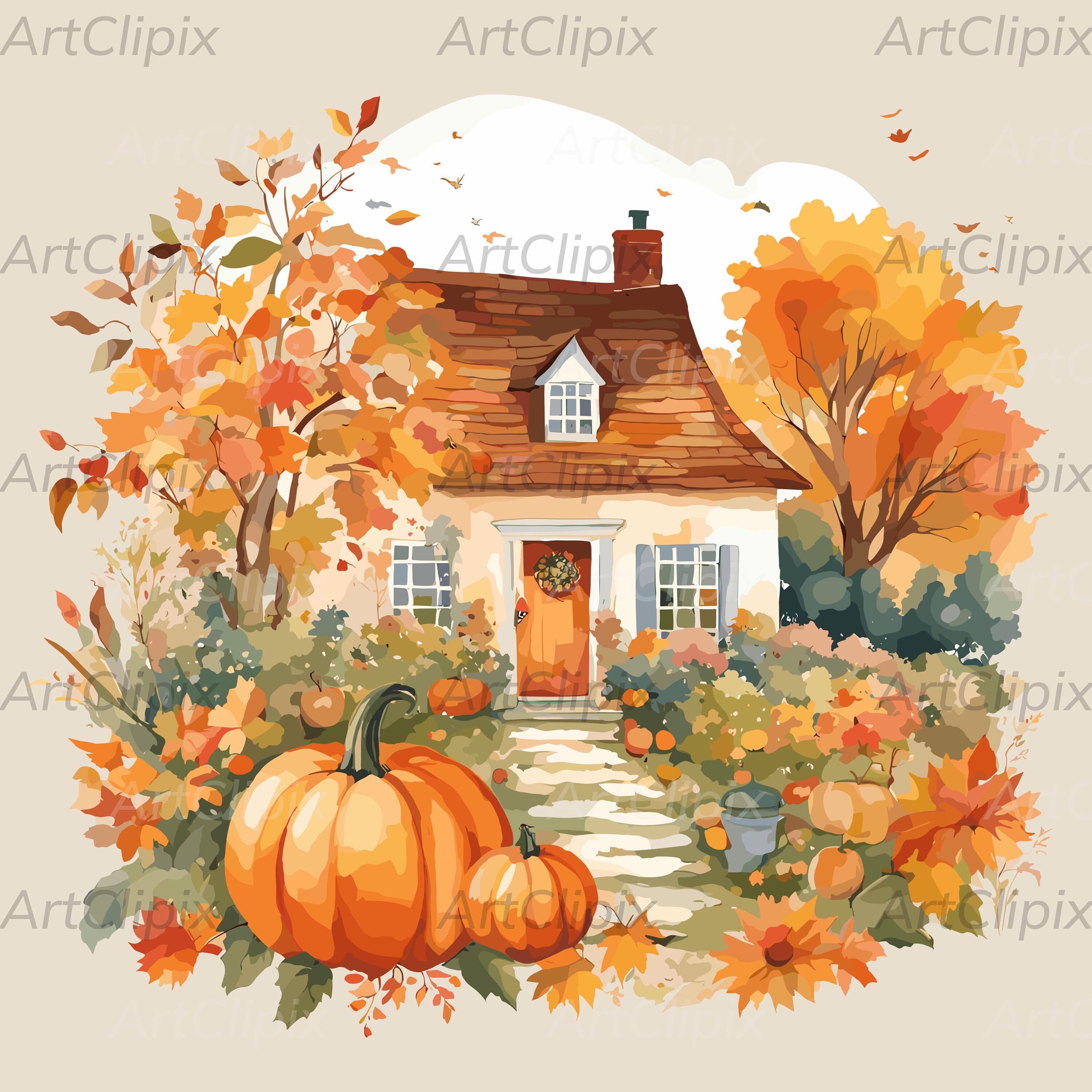 Charming Cottage With Pumpkin Garden Fall and Halloween Digital Art PNG ...
