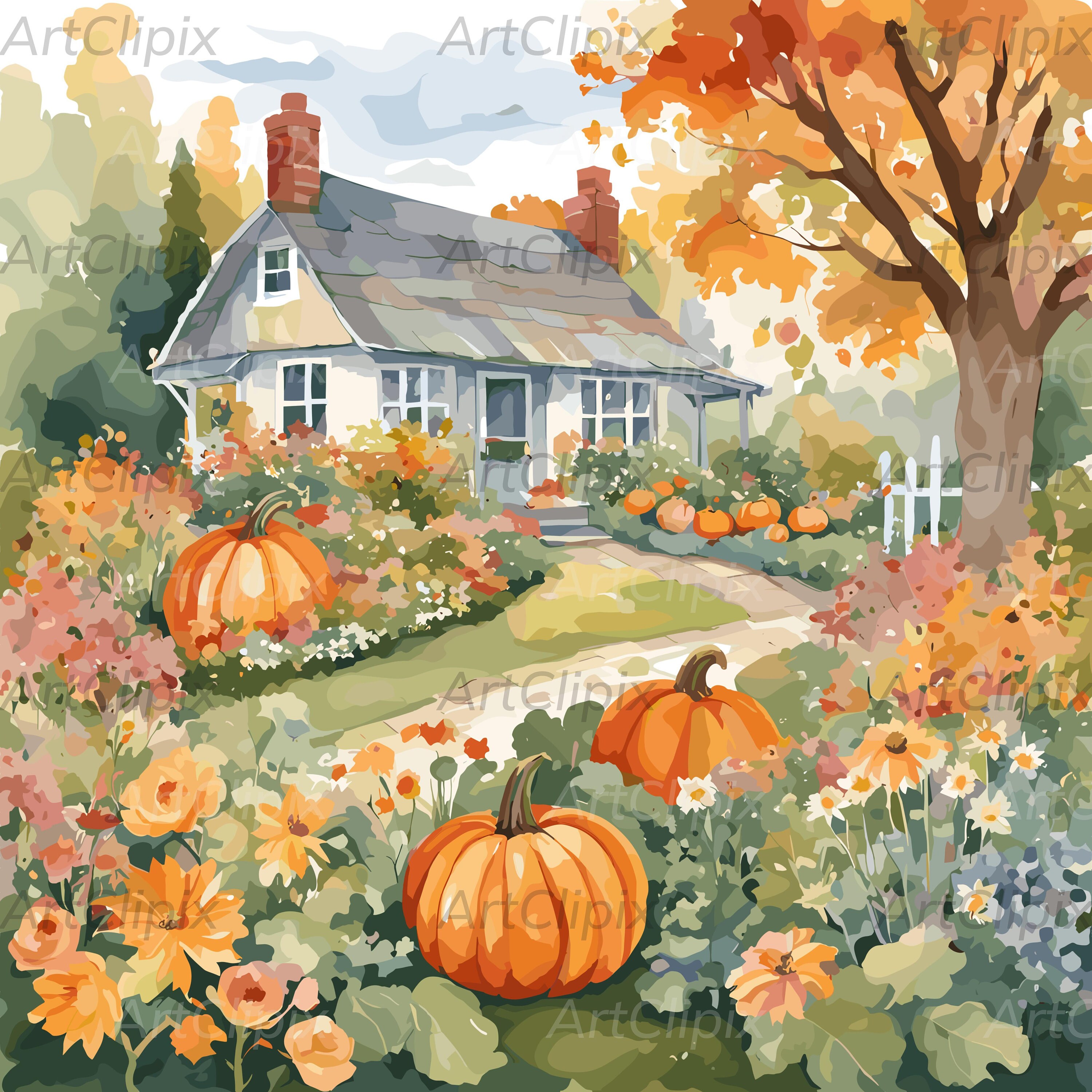 Charming Cottage With Pumpkin Garden Fall and Halloween Digital Art PNG ...