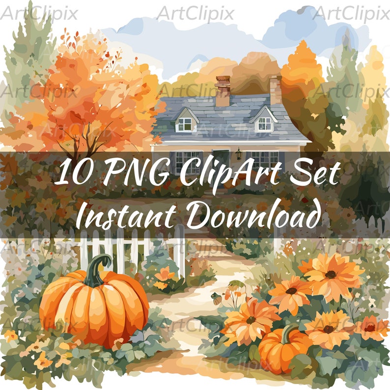 Charming Cottage With Pumpkin Garden Fall and Halloween Digital Art PNG ...