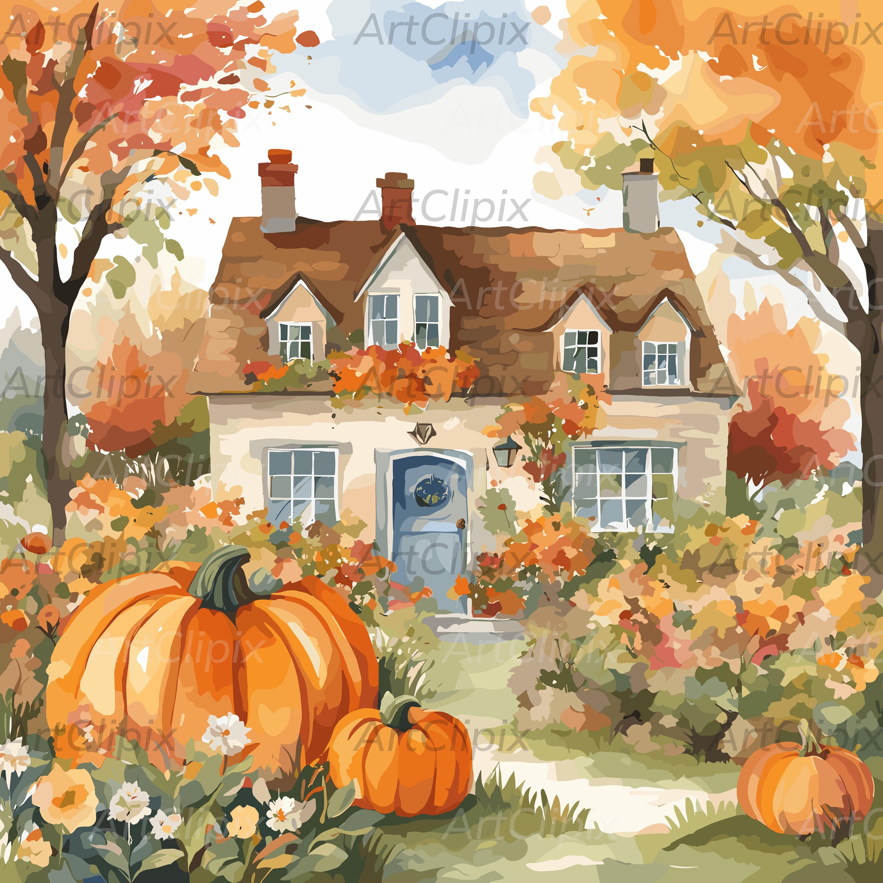 Charming Cottage With Pumpkin Garden Fall and Halloween Digital Art PNG ...