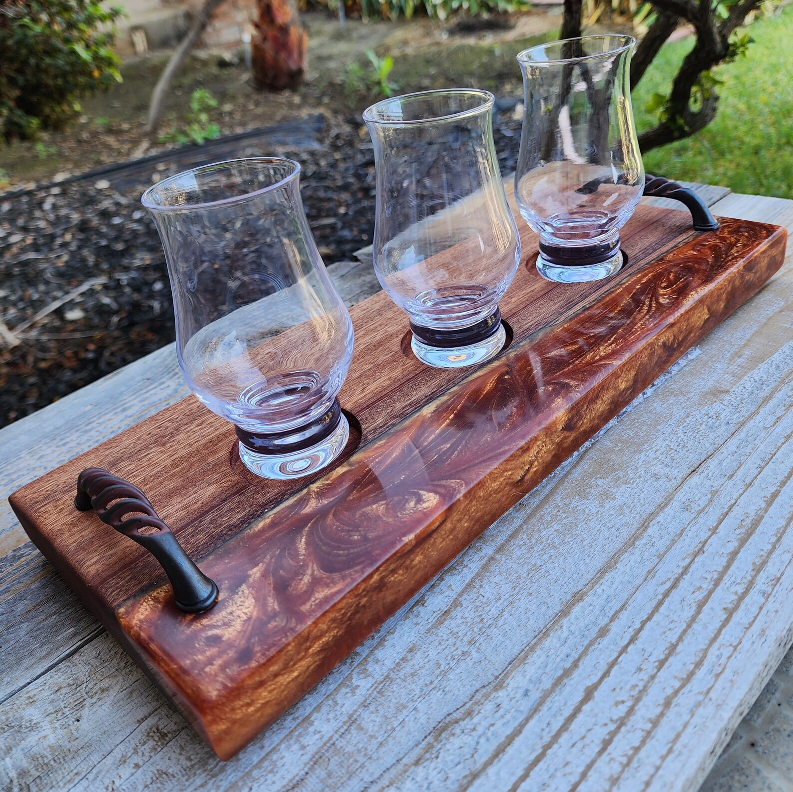 Whiskey Sample Board From Resin/sapele Wood W/ (3)8oz Glasses Epoxy ...