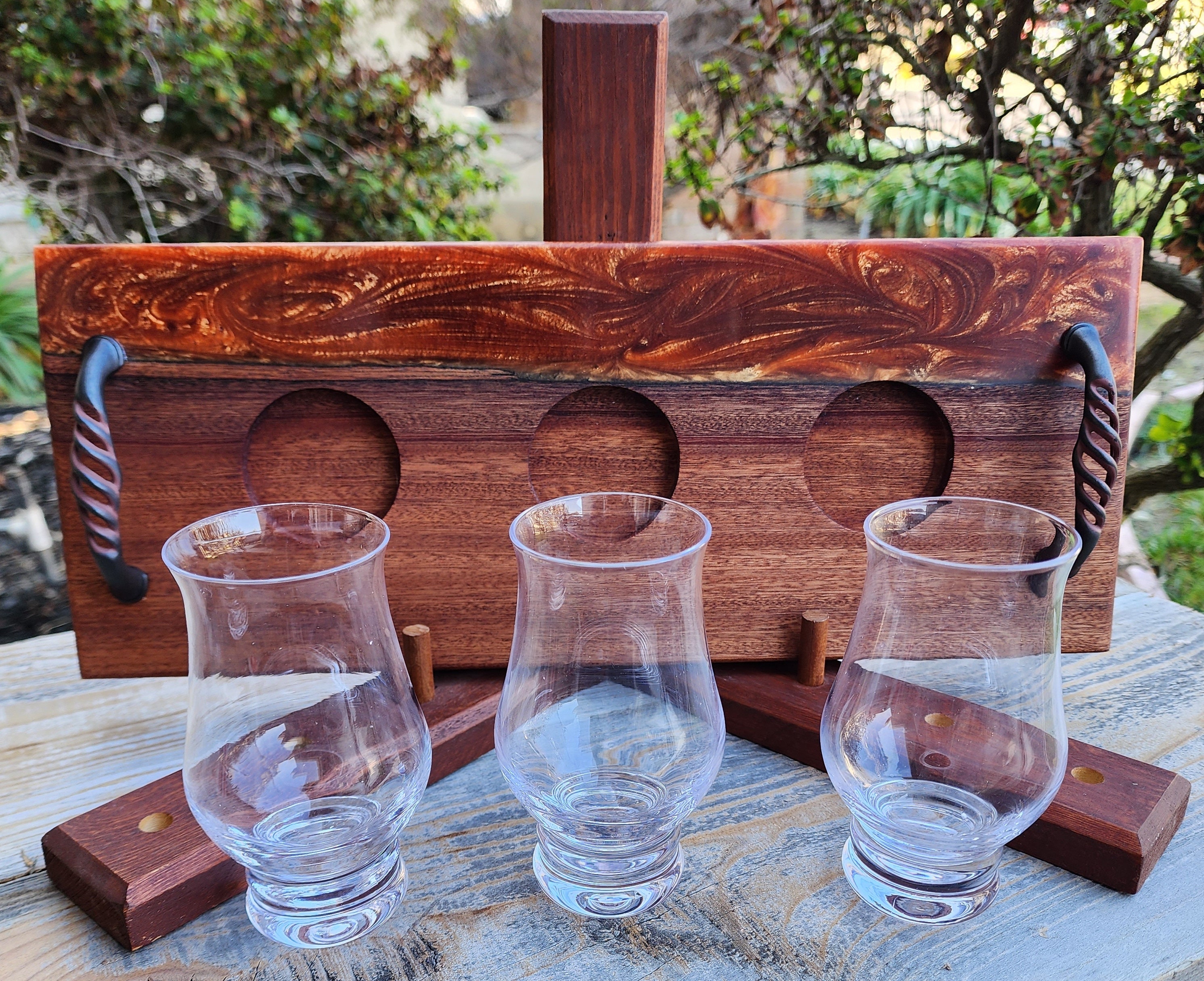 Whiskey Sample Board From Resin/sapele Wood W/ (3)8oz Glasses Epoxy ...