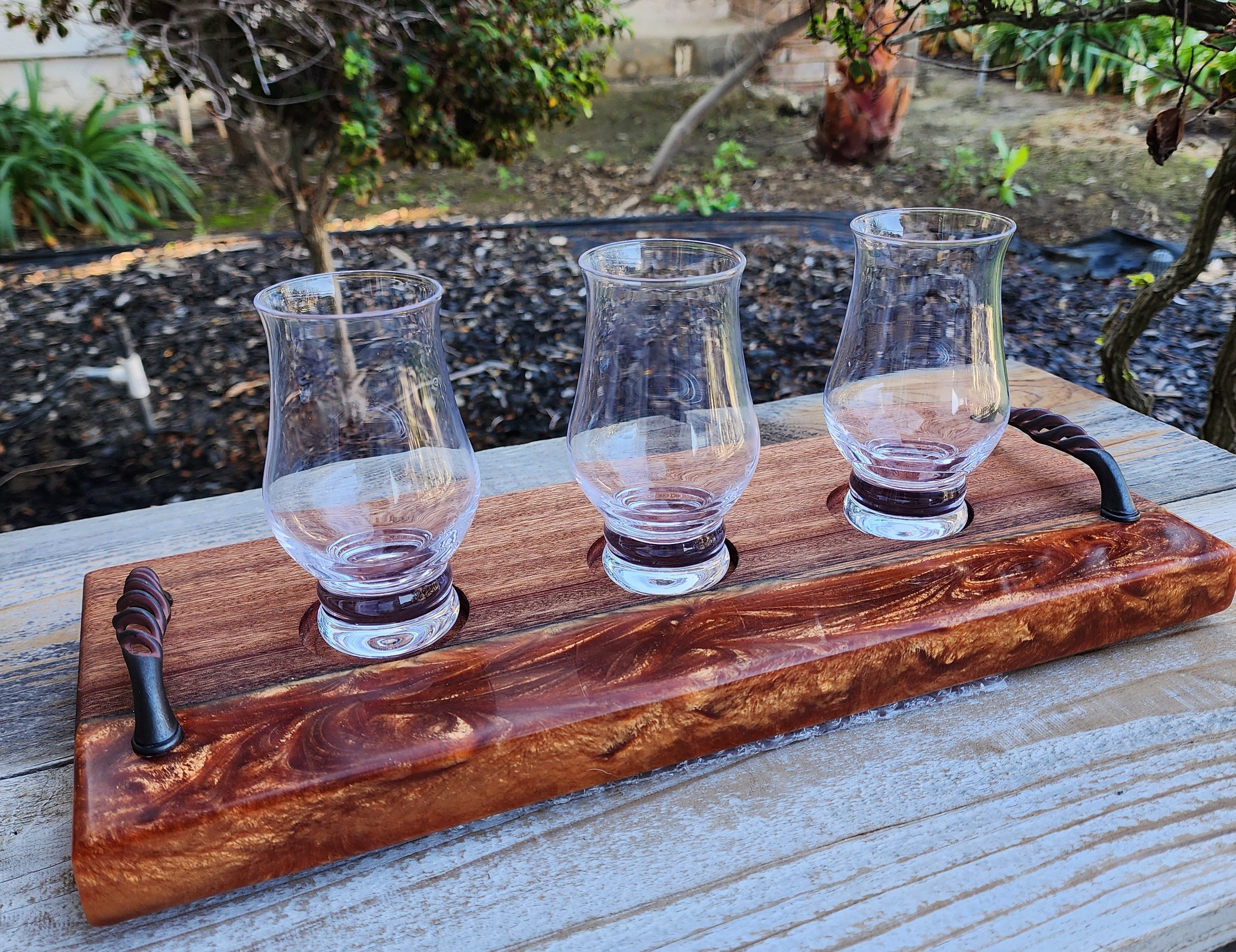 Whiskey Sample Board From Resin/sapele Wood W/ (3)8oz Glasses Epoxy ...