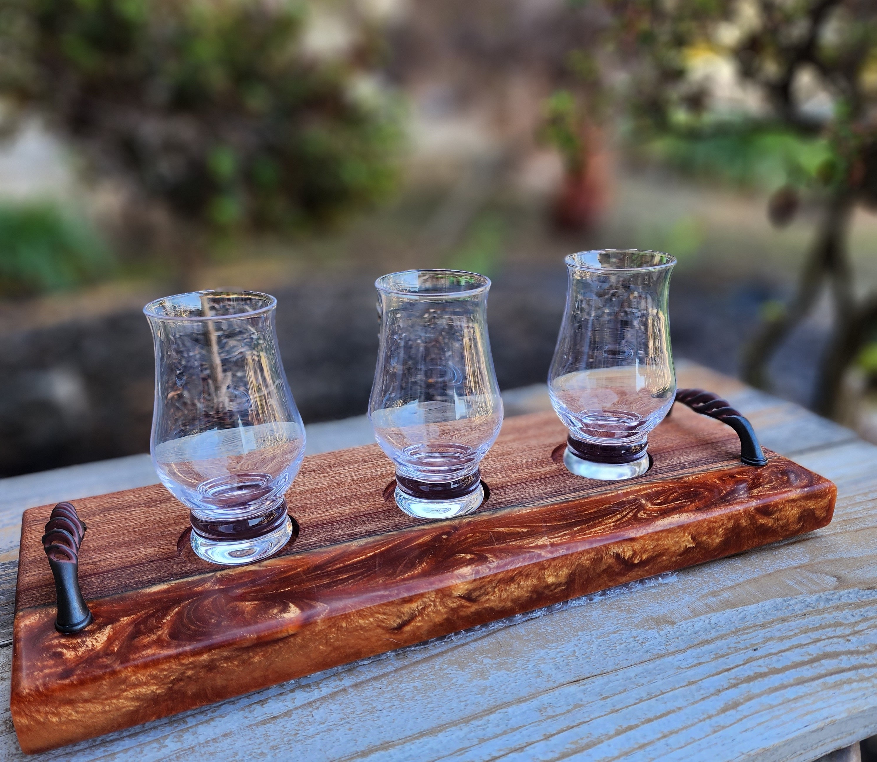 Whiskey Sample Board From Resin/sapele Wood W/ (3)8oz Glasses Epoxy ...