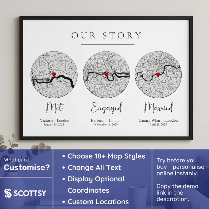 Personalised Our Story Map Print — Met Engaged Married Timeline Gift ...