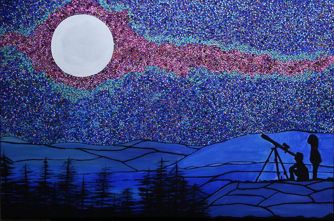 Pointillism Astronomers Acrylic Painting on Canvas, Night Sky Landscape ...