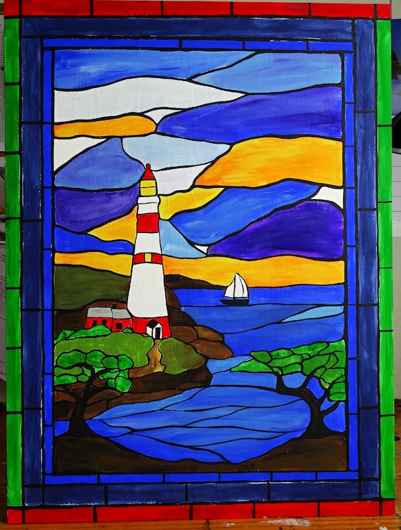 Lighthouse painting colorful seascape acrylic colors on | Etsy