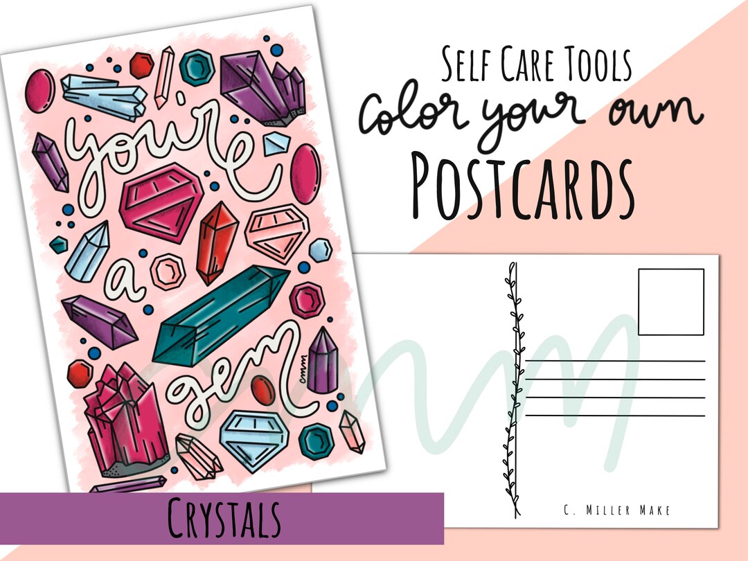 Crystals: Set of 4 Color Your Own Postcards Self Care Tools Adult ...