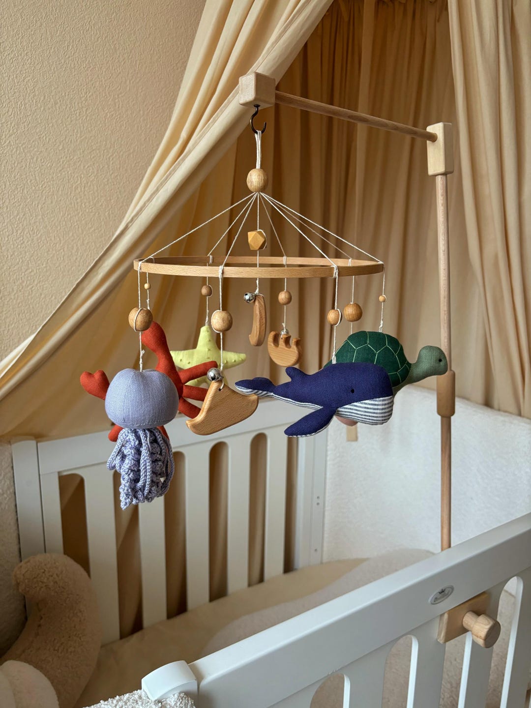 Sea Wooden Mobile With Sea Dwellers for Newborn, Linen Toys, Marine ...