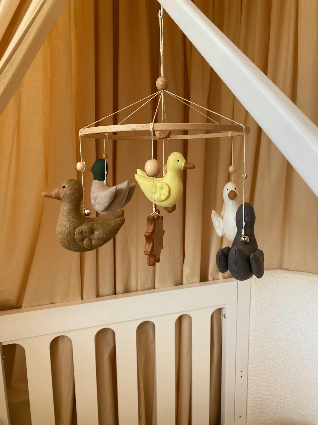 Wooden Mobile With Ducks for Newborn, Linen Toys, Yellow , Green, Beige ...