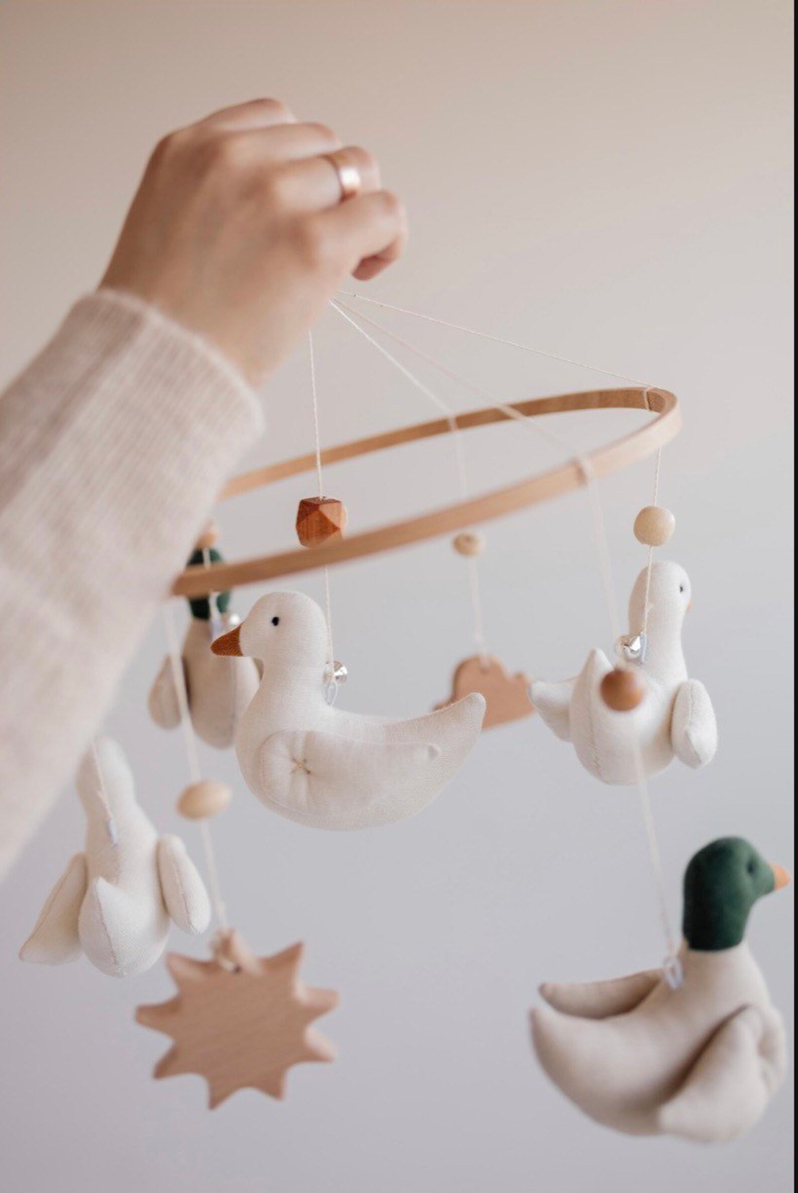 Wooden Mobile With Ducks for Newborn, Linen Toys, Green, Beige , White ...