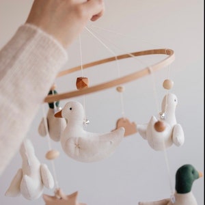 Wooden Mobile With Ducks for Newborn, Linen Toys, Green, Beige , White ...