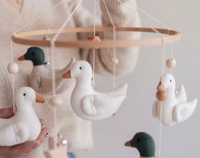 Wooden Mobile With Ducks for Newborn, Linen Toys, Green, Beige , White ...