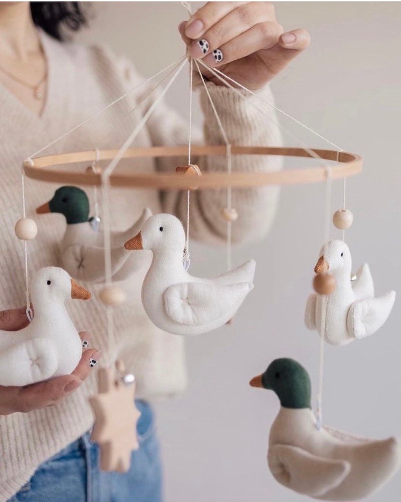 Wooden Mobile With Ducks for Newborn, Linen Toys, Green, Beige , White ...