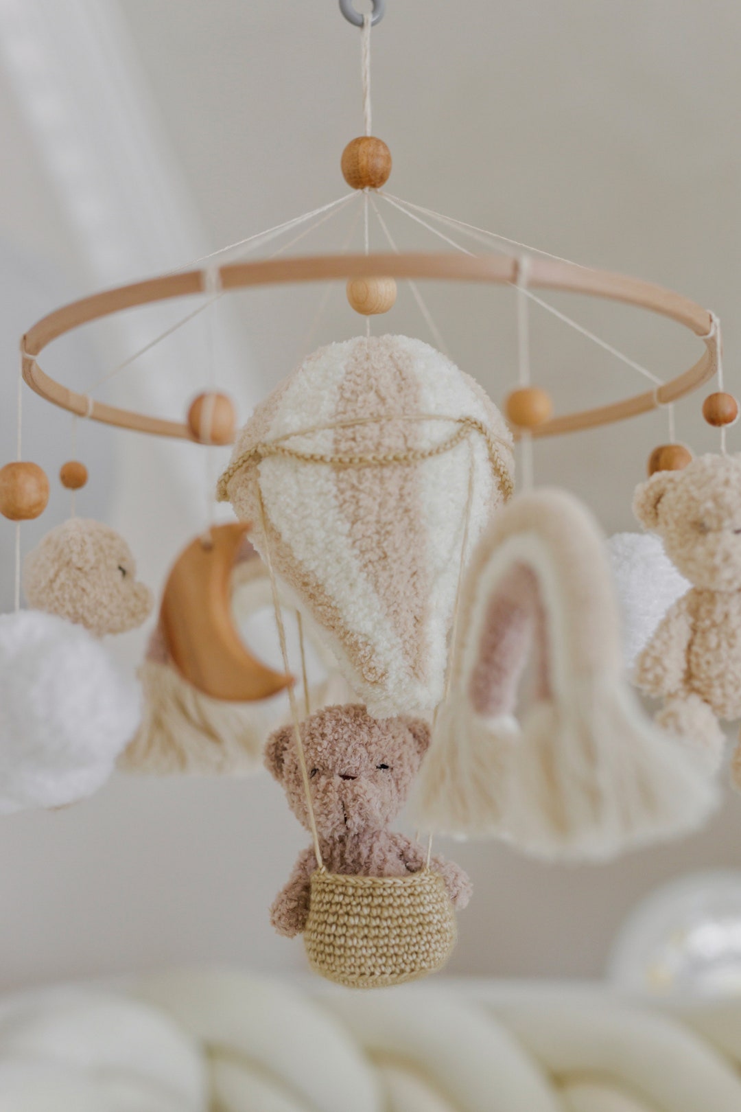 Wooden Mobile With Teddy for Newborn, Knitted Plush Teddy Toys , Plush ...
