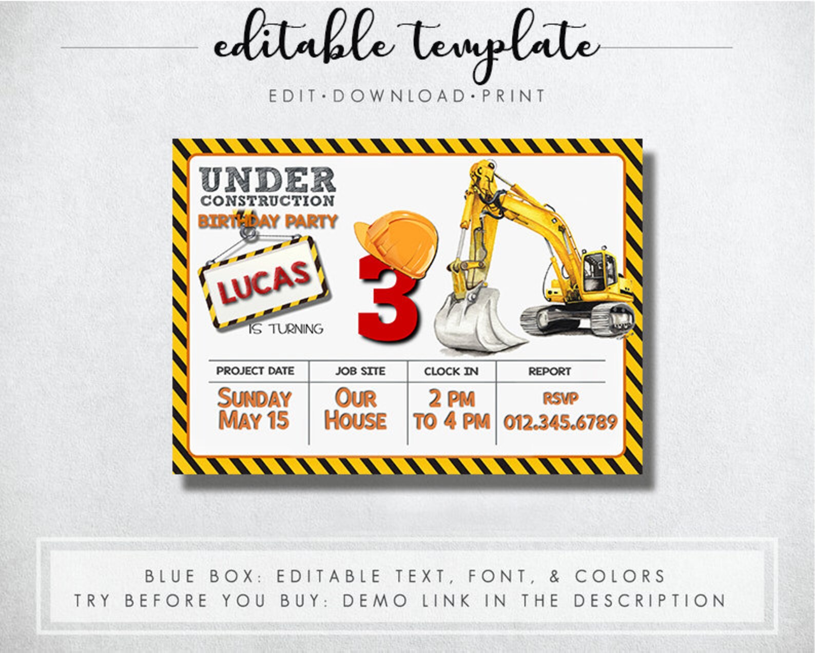 Editable Birthday Invitation Under Construction Invitation - Etsy