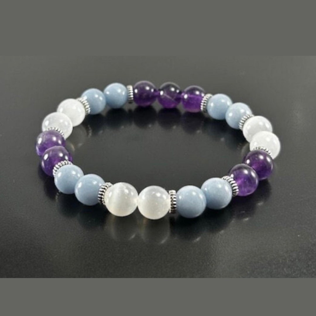 Amethyst Selenite Angelite 8mm Beaded Bracelets , Handmade Gemstone ...