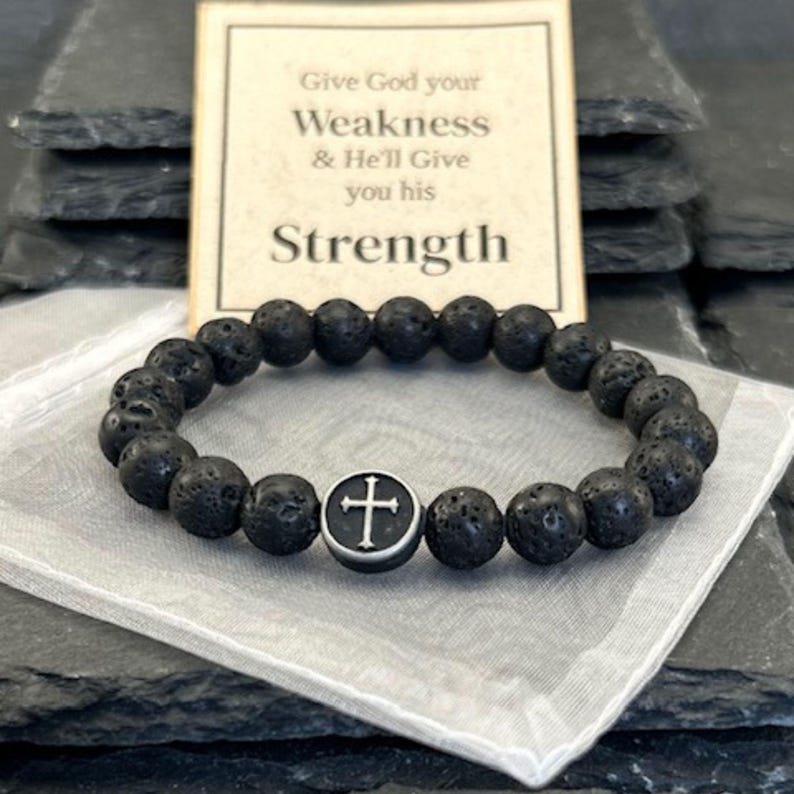 Black Lava Stone Cross Bracelet: Stainless Steel Accent, Handmade - Etsy