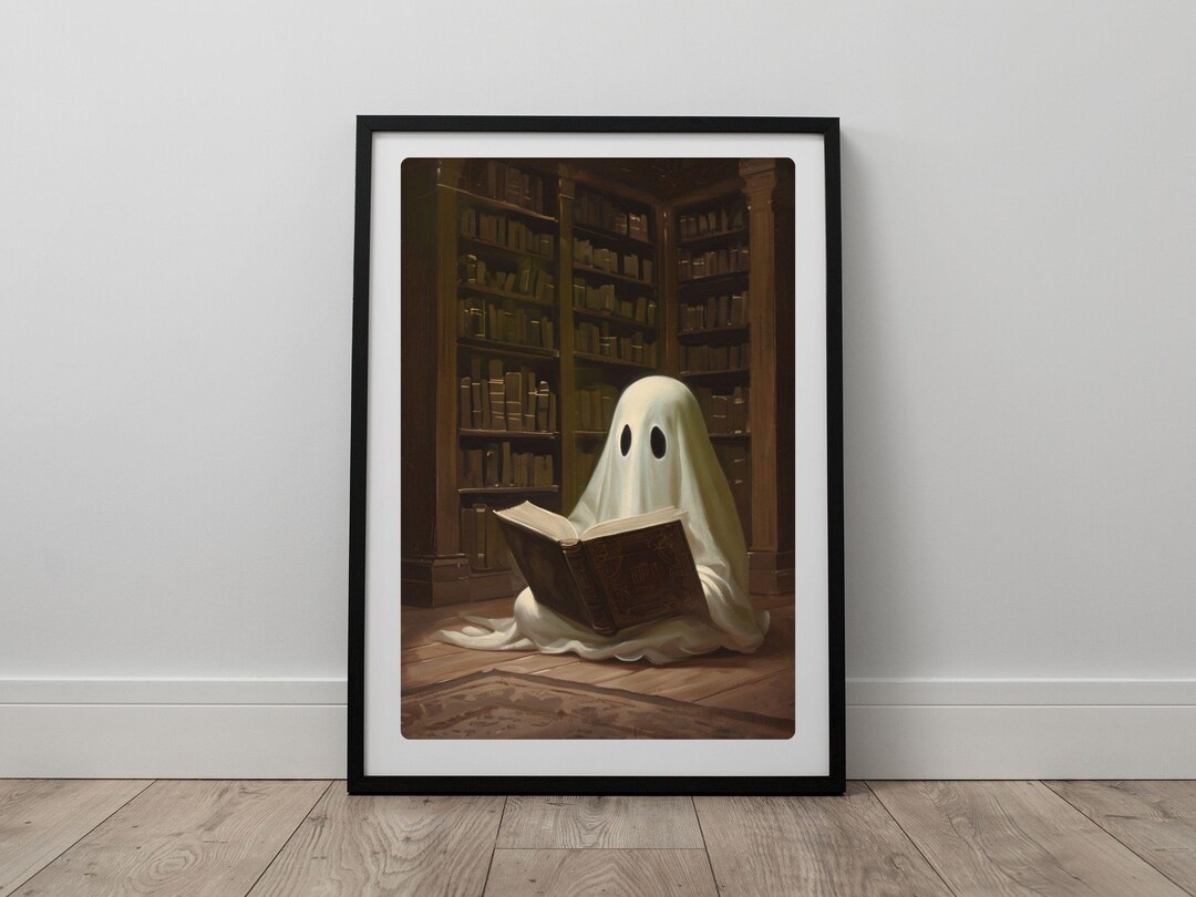 Ghost Reading in Library Halloween Art Print | Spooky Digital Wall Art ...
