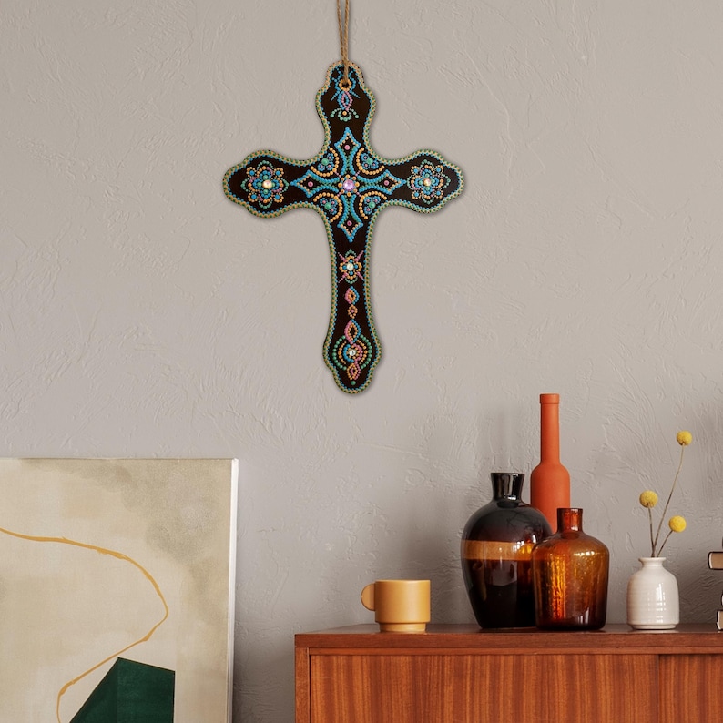 Hand Painted Wooden Cross With Rhinestones: Dot Art Christian Decor - Etsy