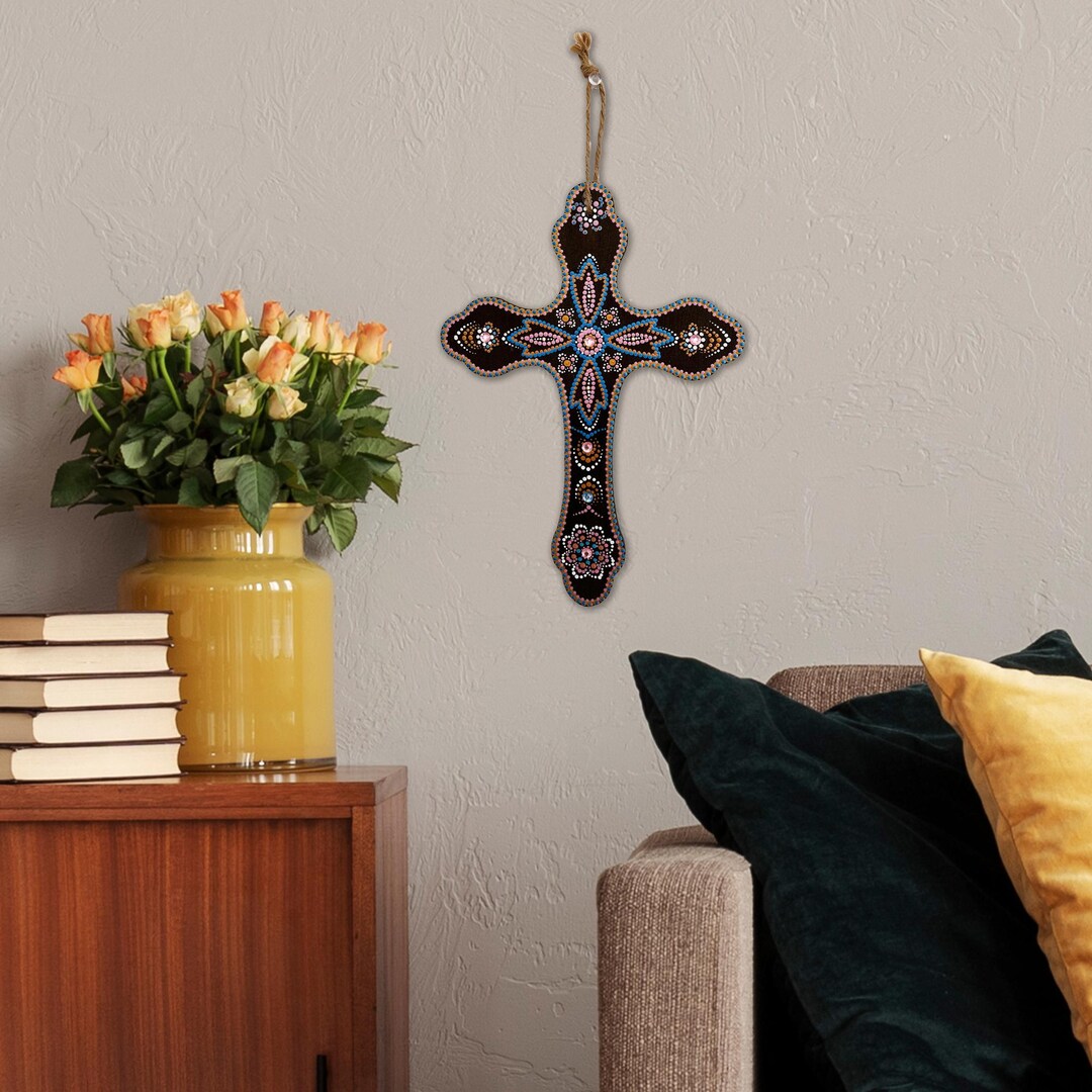 Hand Painted Wooden Cross: Dot Art Rhinestone Christian Decor - Etsy