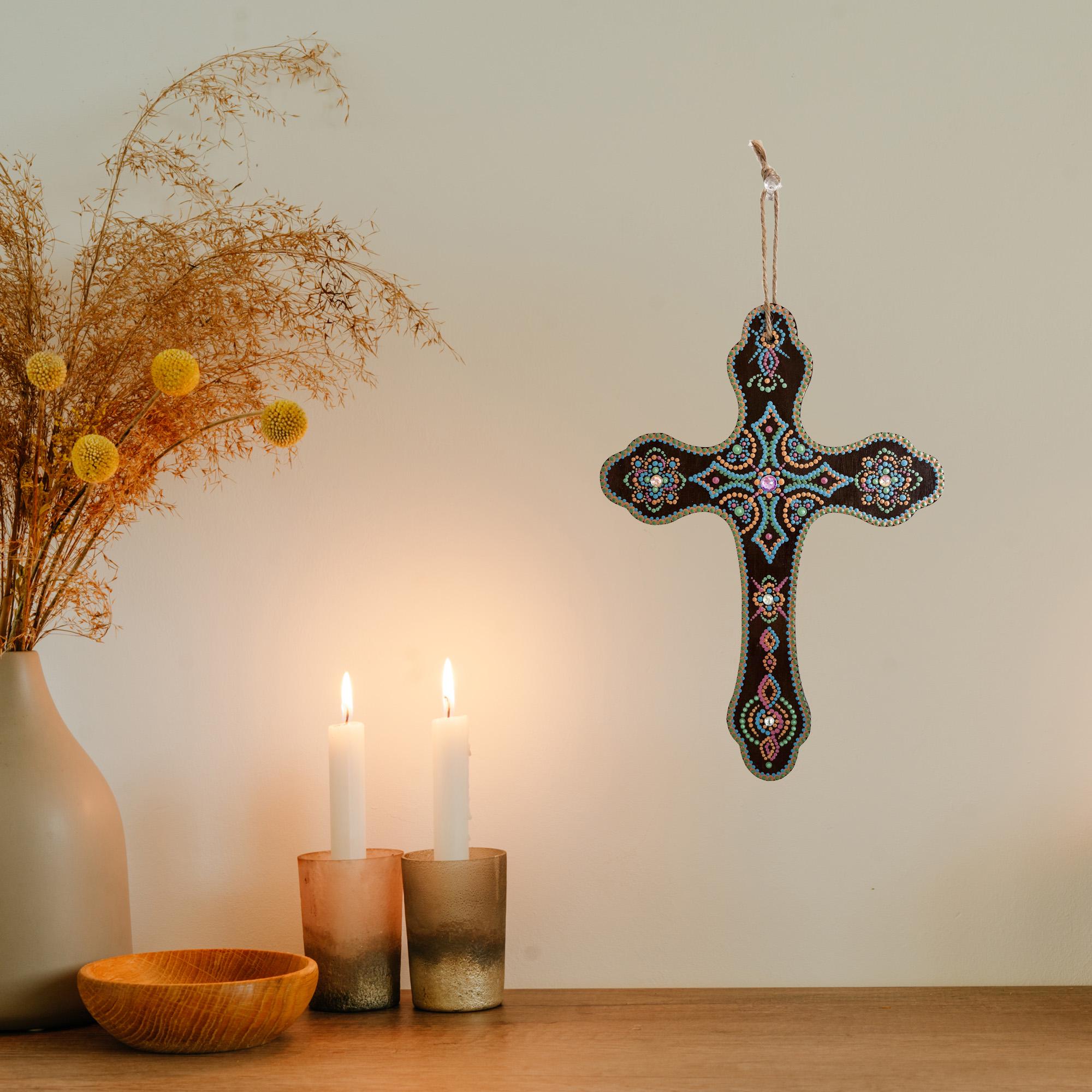Hand Painted Wooden Cross With Rhinestones: Dot Art Christian Decor - Etsy