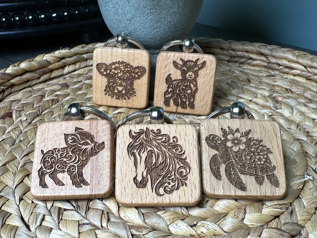 Animal Keychain / Laser Engraved Wooden Keychain / Backpack Tag / Purse ...