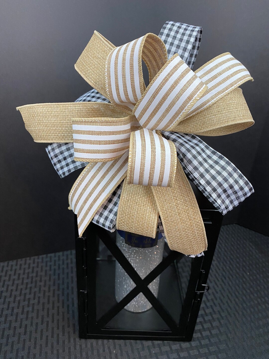9.5” Tan, White and Black Check Lantern Bow / Wreath Bow / Mailbox Bow ...