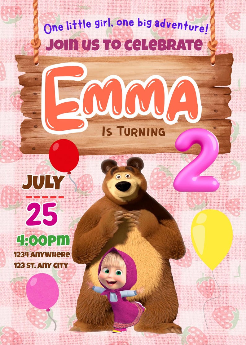Invitación de cumpleaños de Masha y el Oso: Plantilla editable para ...