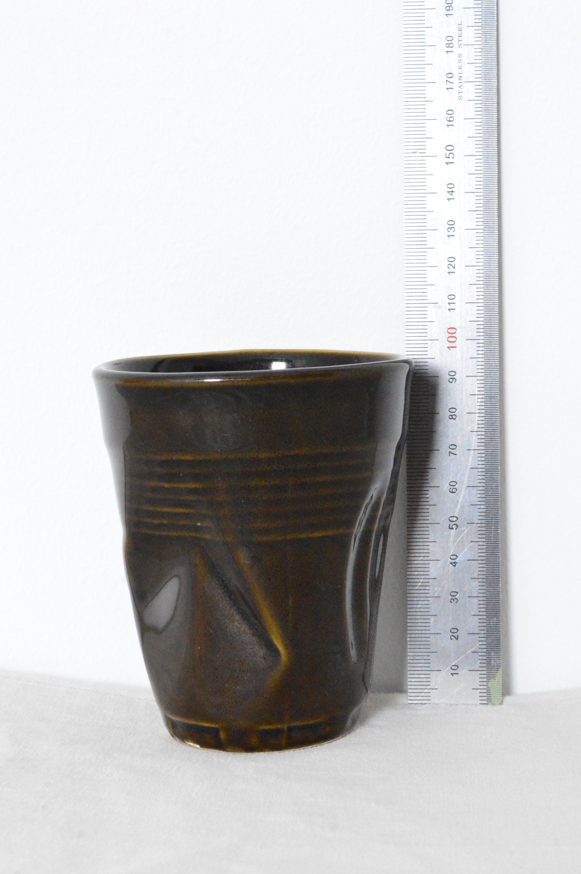 Vintage Brown Glazed Ceramic Ribbed Rim Scandinavian Folded Glass Shape ...
