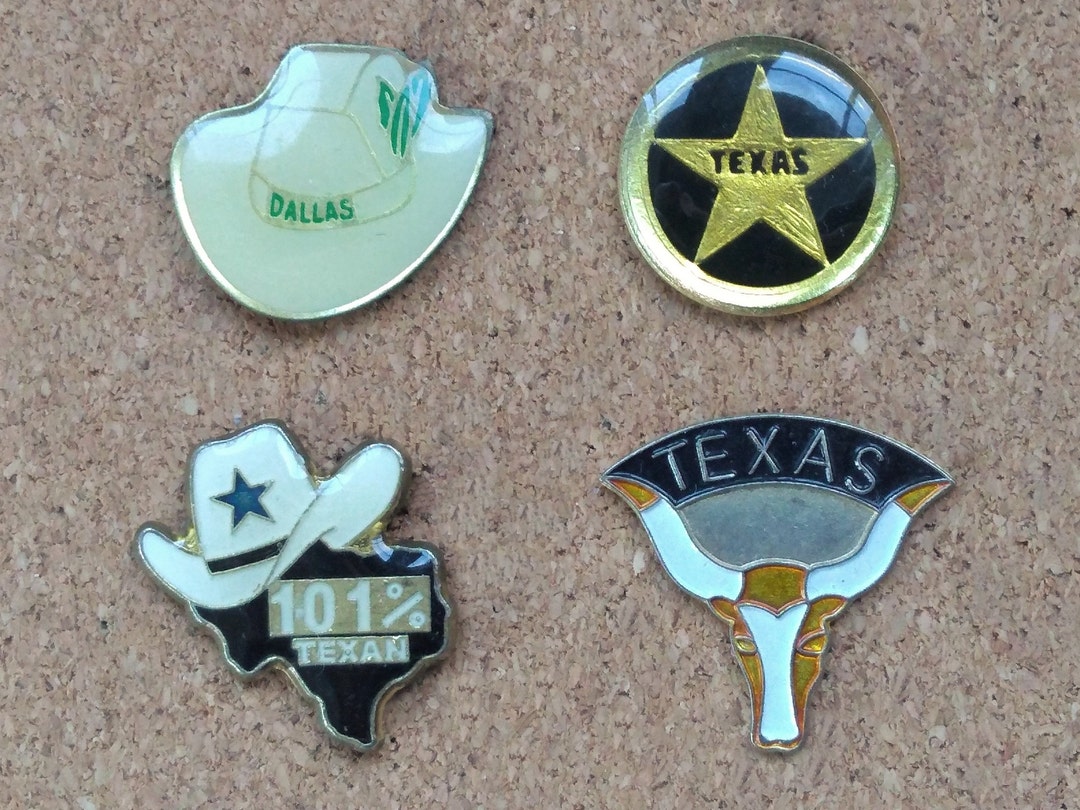 Vintage Texas Pins: Dallas Hat, 101% Texan, Texas Star and Bull Enamel ...