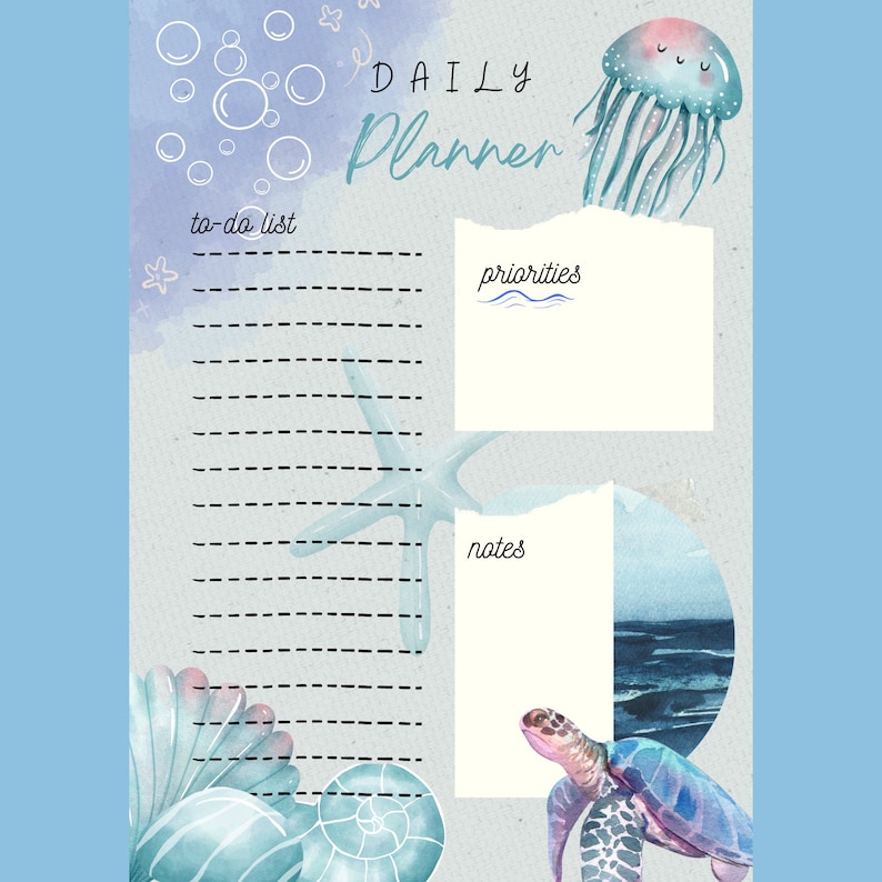 Ocean Themed Daily Planner for Ocean Sea Animal Lovers Jellyfish Turtle ...