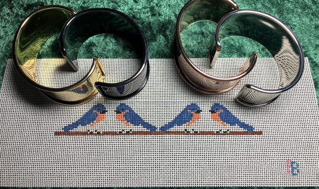 Needlepoint Four Bluebirds Cuff Bracelet - Bookmark, Hand Painted ...