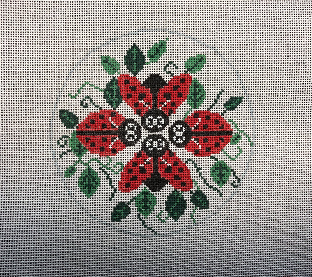 Hand Painted Needlepoint, Lady Bug Garden, 5 Inch Round Ornament, 18 ...