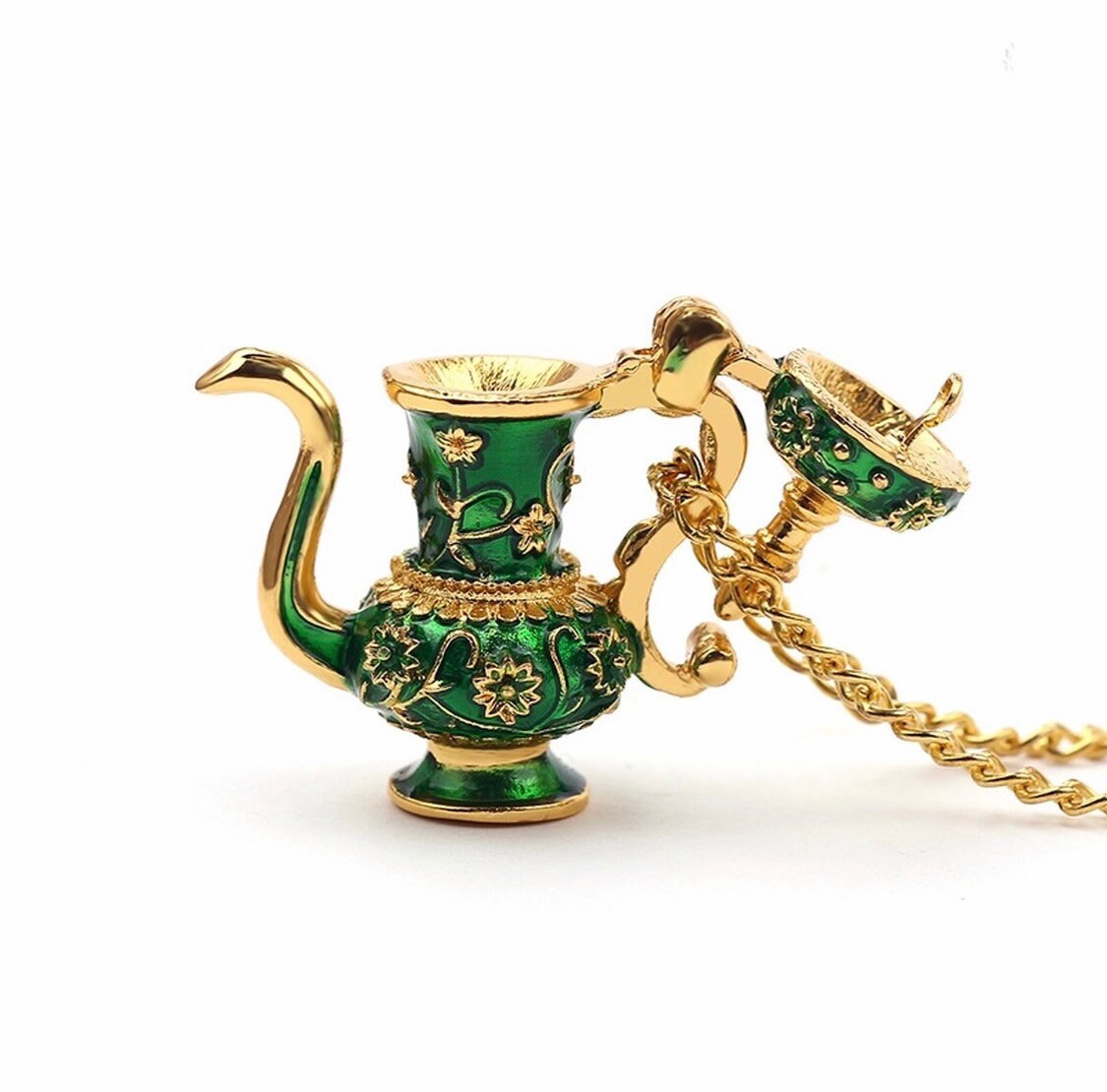 Gold Pendant Necklace / Green Locket Alladin Magic Lamp - Etsy Polska