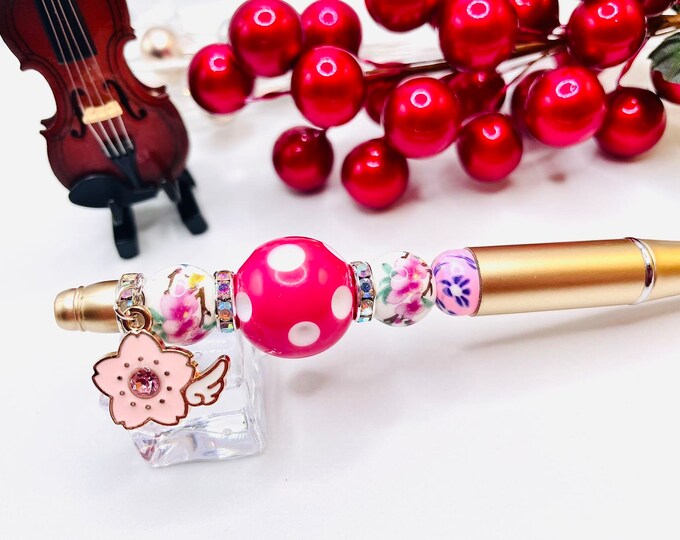 Gold Beaded Pen / Pink Angel Flower Pendant / Custom Pen / Cute Pen ...