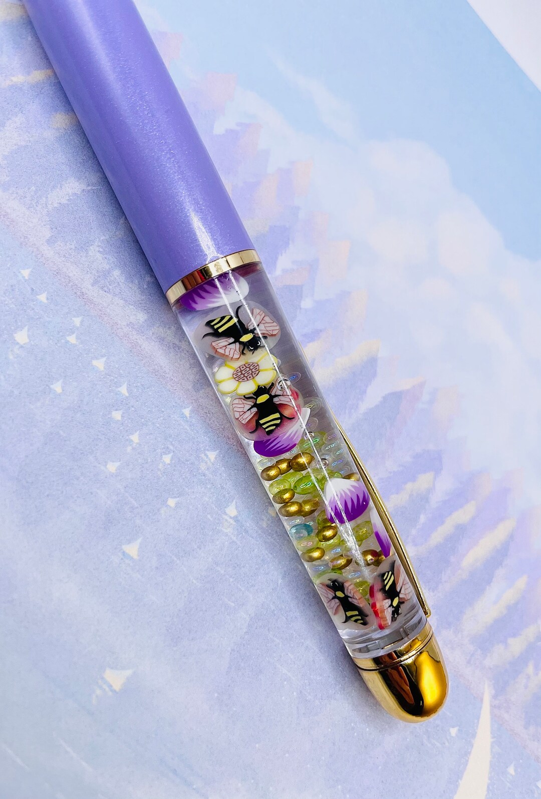 Purple Flowers and Bees Float Pen / Cute Pens / Custom Pens / Ink Pens ...
