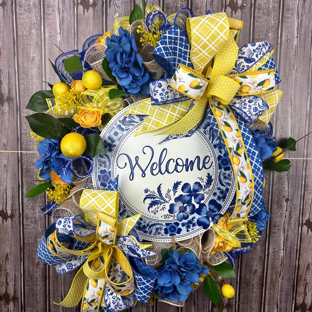Chinoiserie Wreath, Welcome Wreath Blue and Yellow Wreath, Lemon Wreath ...