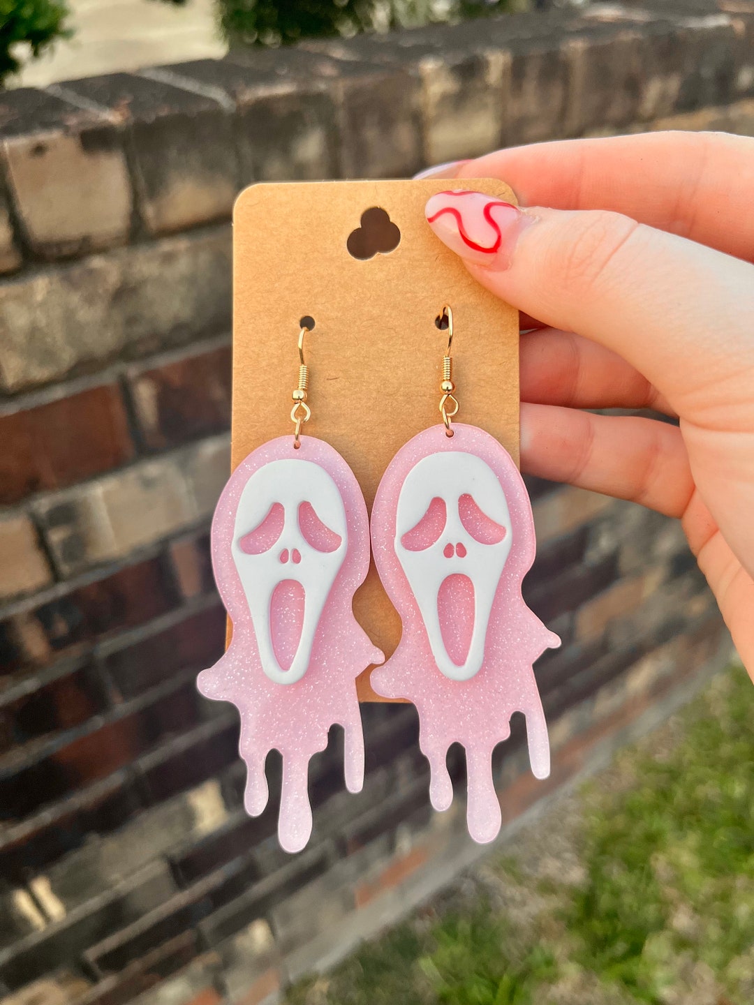Light Pink Gliterry Ghostface Drippy Halloween Earrings - Etsy