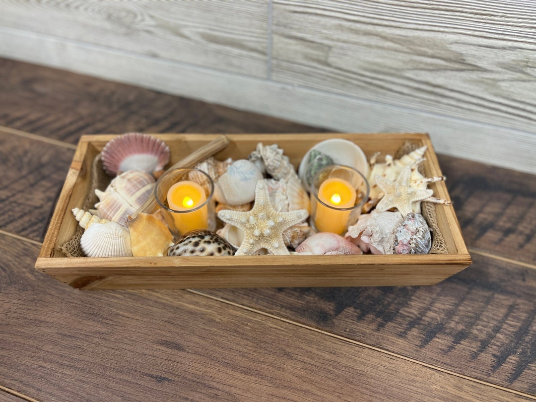 Seashell Centerpiece - Sea Shell Beach Decor - Wooden Box - LED Candles ...