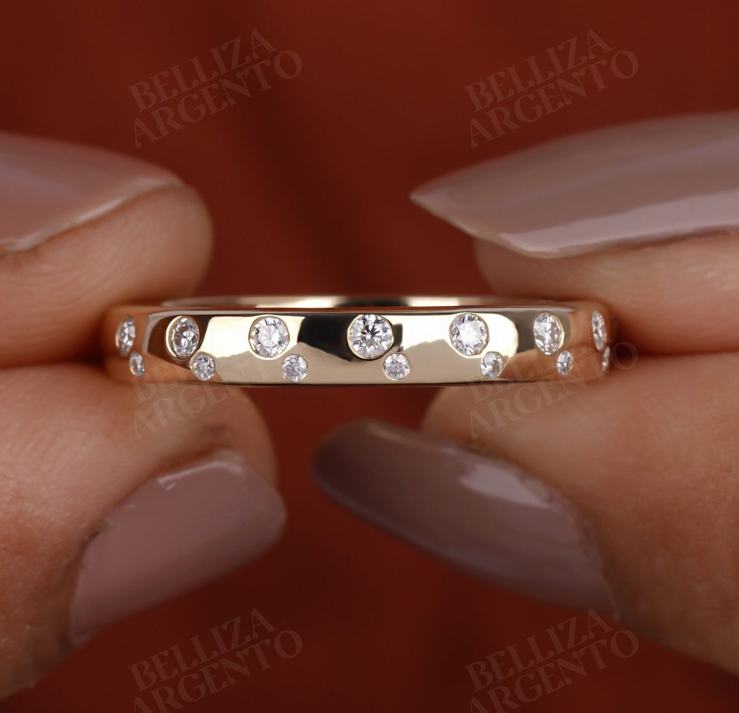 14K Gold Scattered Diamond Ring 3MM Flush Set Diamond Wedding Band VS ...