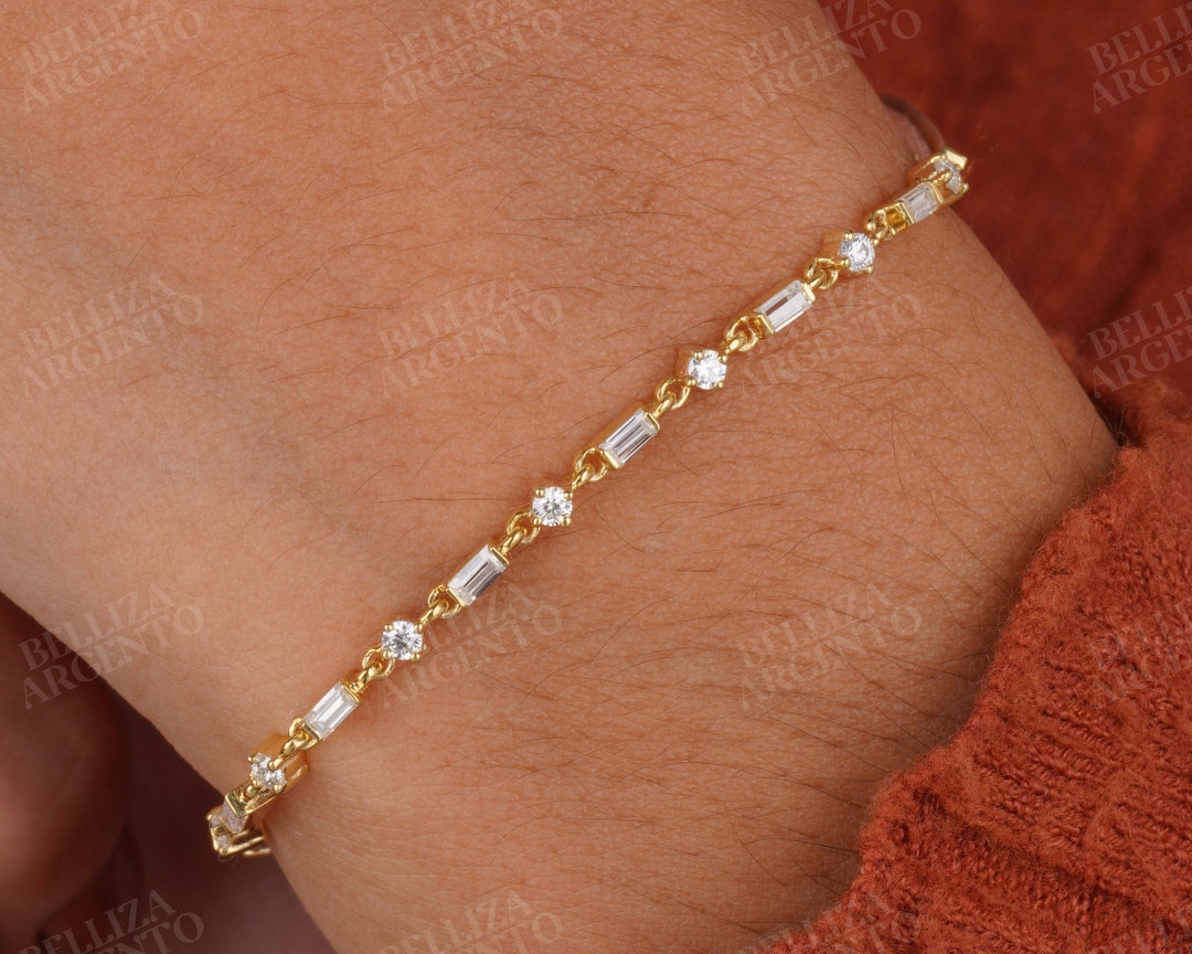 Baguette And Round Diamond Tennis Bracelet 14k Solid Gold Moissanite