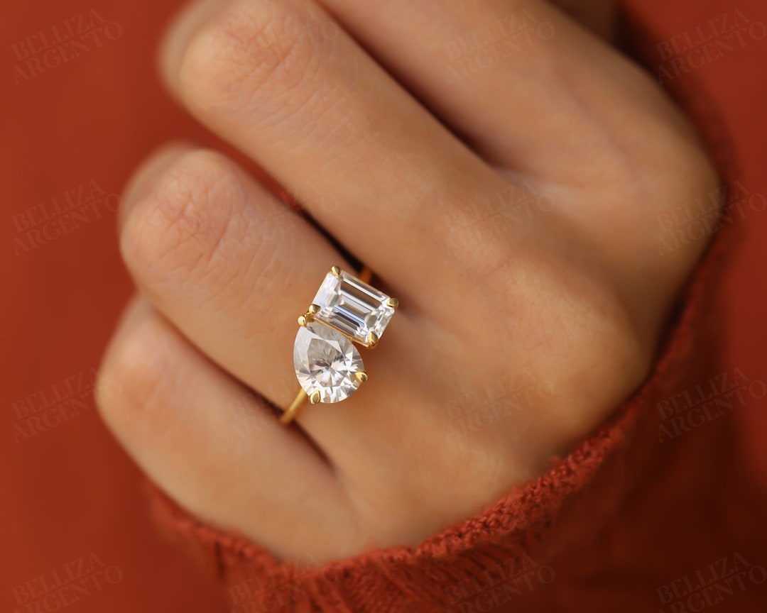 Toi Et Moi Ring Pear and Emerald Moissanite Engagement Ring Double ...