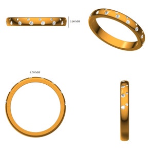 14K Gold Scattered Diamond Ring 3MM Flush Set Diamond Wedding Band VS-FG Certified Lab Diamond ...