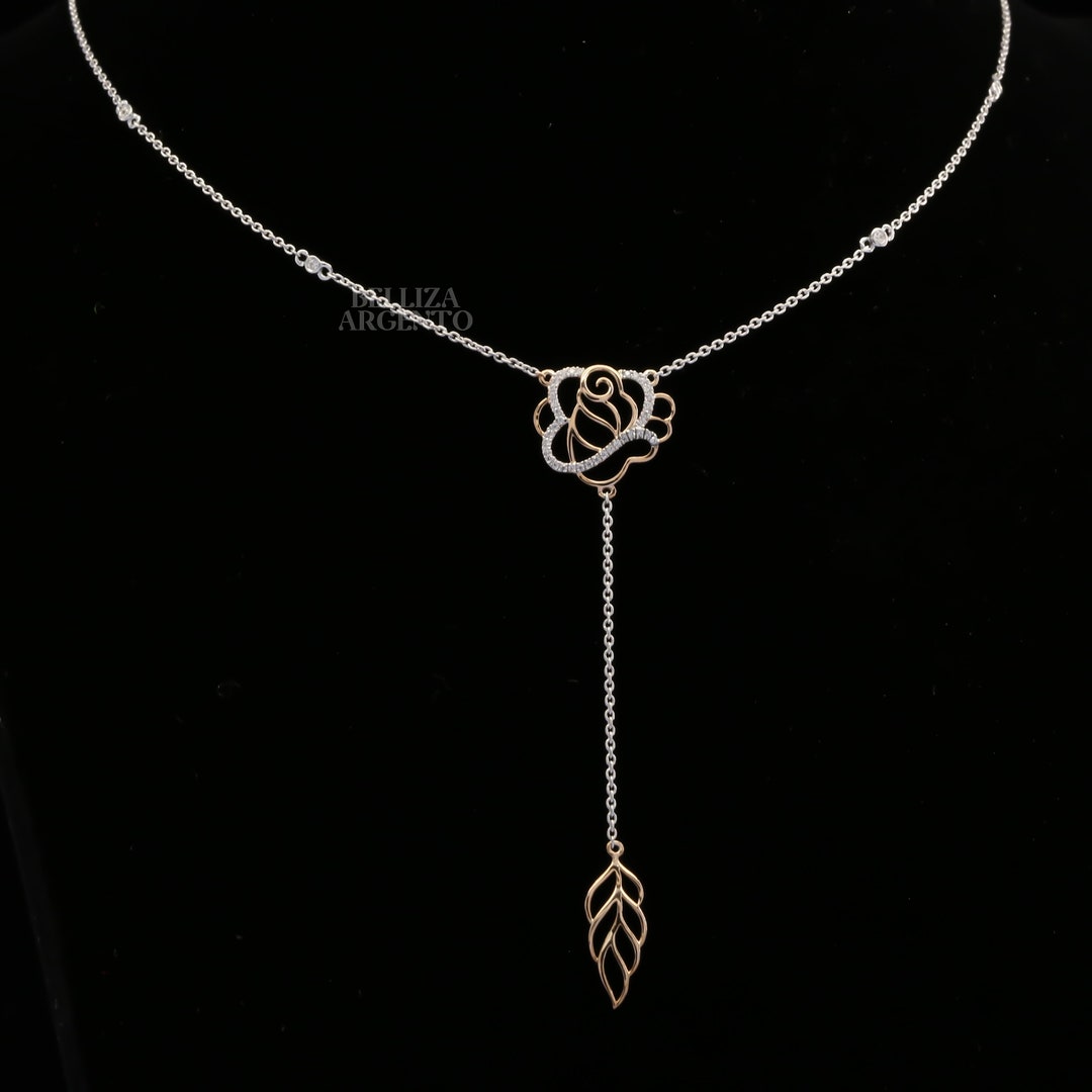 14K Solid Gold Diamond Lariat Necklace Diamond Y Necklace Rose Gold ...
