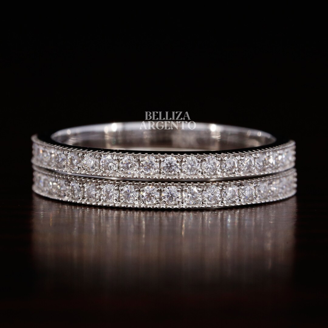 Half Eternity Double Milgrain Setting Wedding Ring Set Roound - Etsy UK