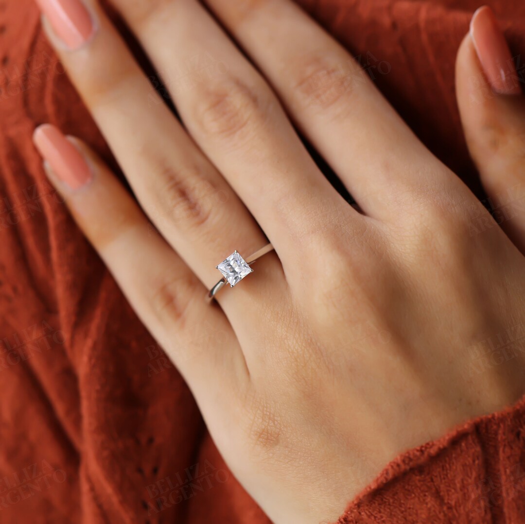 Princess Cut Solitaire Ring 14K Solid White Gold Solitaire Simple ...