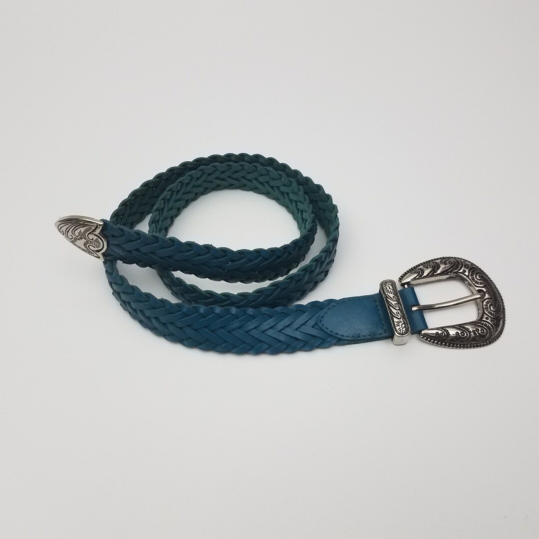 90's Vintage Leather Woven Belt in Deep Teal by Milor Women's Small ...