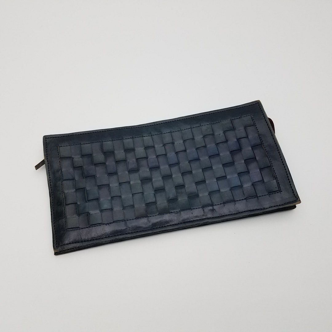 80's Vintage Handmade Navy Woven Leather Clutch Handbag Boho Minimalist ...