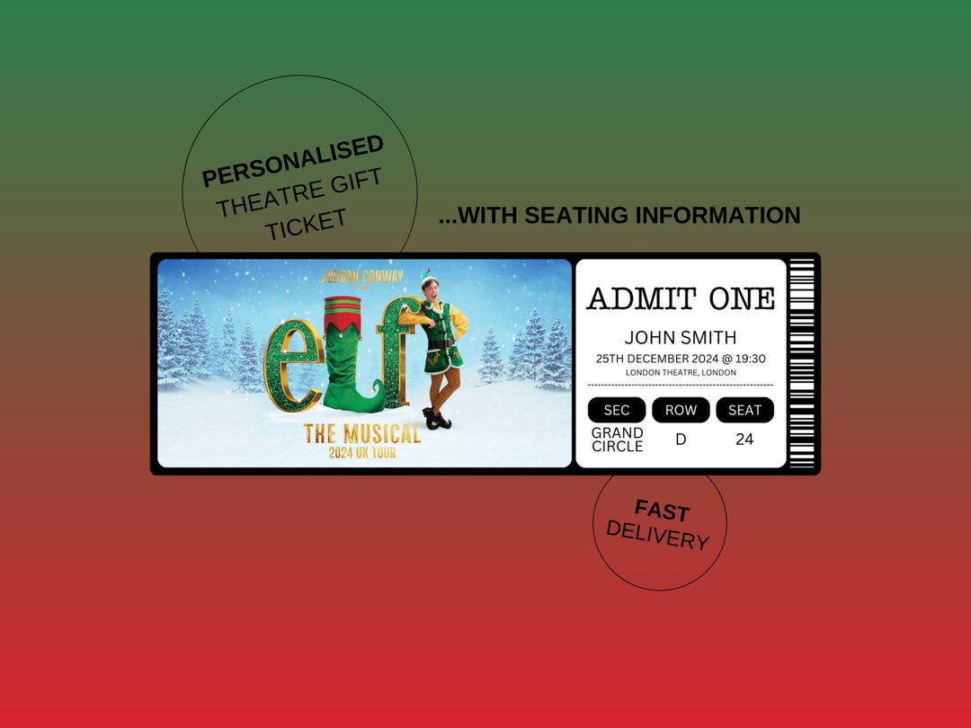 Elf the Musical Theatre Ticket With Seating Surprise Reveal, Gift Card ...
